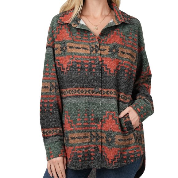 Zenana Outfitters | Jackets & Coats | Jacquard Aztec Oversized Shacket ...